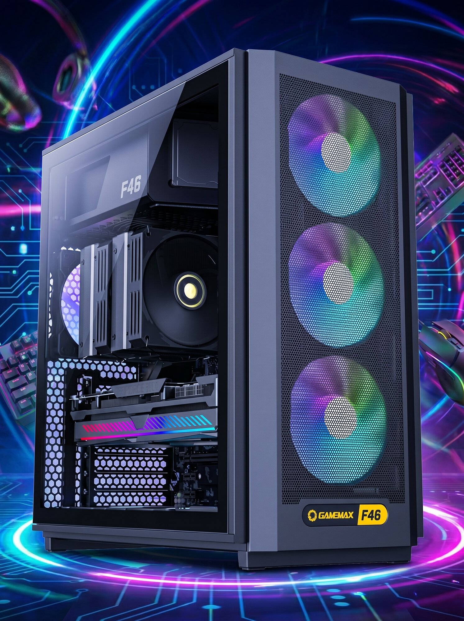 Корпус для ПК GAMEMAX F46 BK Midi-Tower, ATX, поддержка BTF, стекло, 4*120мм ARGB, кронштейн VGA, без БП