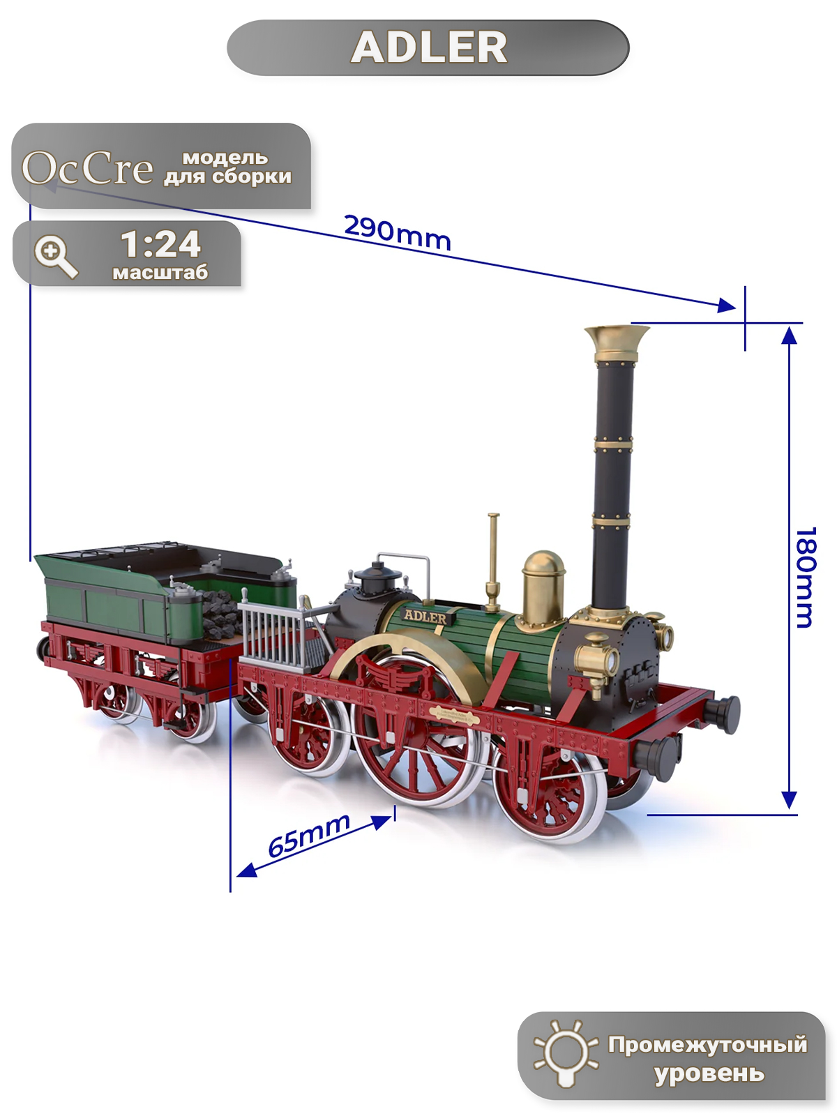 Сборная модель паровоза ADLER (Нюрнберг), 290х180х65 мм, М.1:24, OcCre