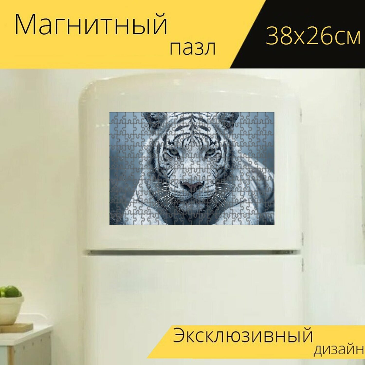 Магнитный пазл "Белый тигр в туманном лесу. Мощный хищник с белоснежной шерстью и чёрными полосами лежит в густом тумане. Холодные серо-голубые оттенки." для интерьера, 38х26 см.