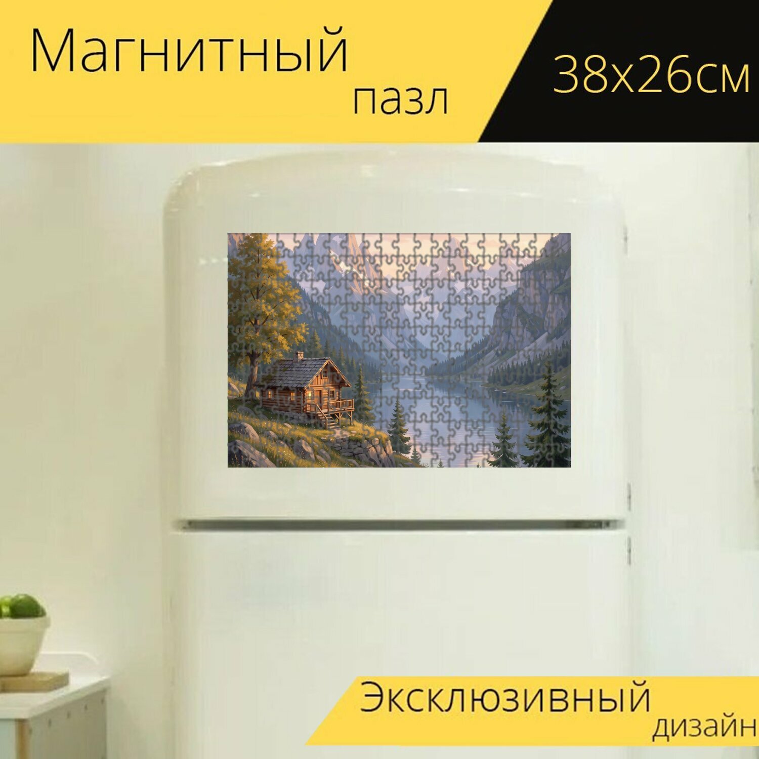 Магнитный пазл "Альпийский дом у горного озера. Живописная лесная долина с деревянной хижиной, соснами и зеркальной водой, окружённая снежными вершинами." для интерьера, 38х26 см.