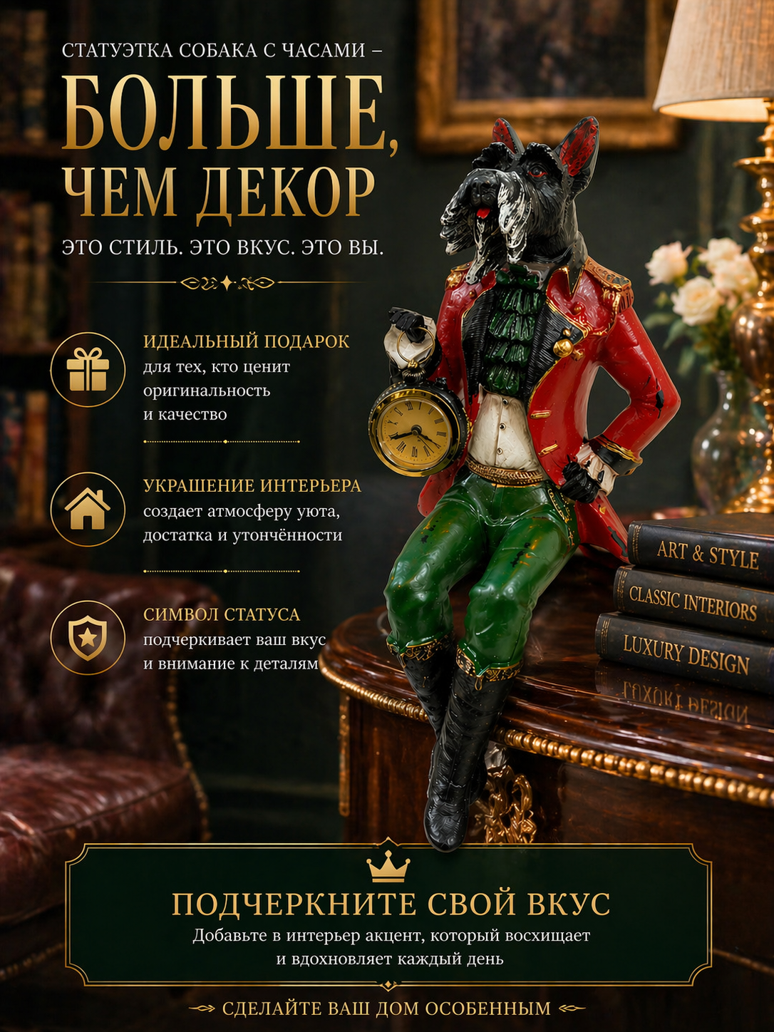Статуэтка Собака с часами полистоун Casaentera 16.5х14.5х36.5 см CE12-9680097