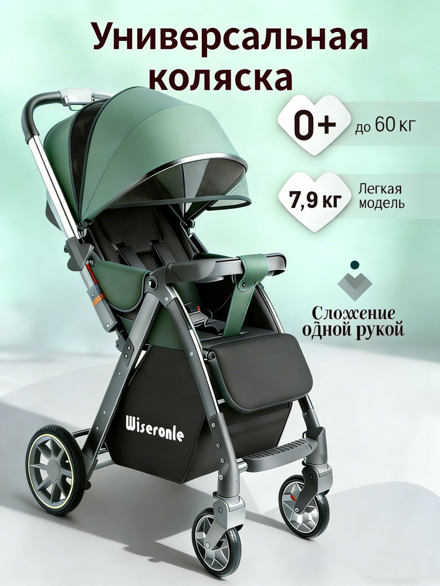 Универсальная коляска 2 в 1 с большими колесами и двойной защитой для новорожденных, легкий механизм складывания, 5 уровней наклона, идеальна прогулок с малышом!