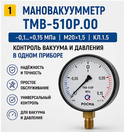 Мановакуумметр (стандартного исполнения) ТМВ-510Р.00 (-0,1.+0,15МРа) М20х кл.1.5 - росма