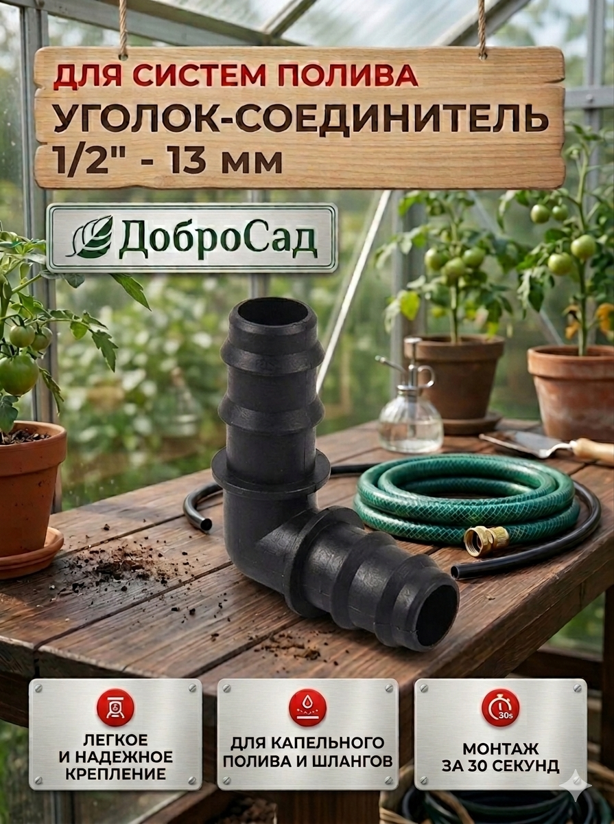Уголок соединительный для шланга 1/2», черный, прочный, для надежного соединения