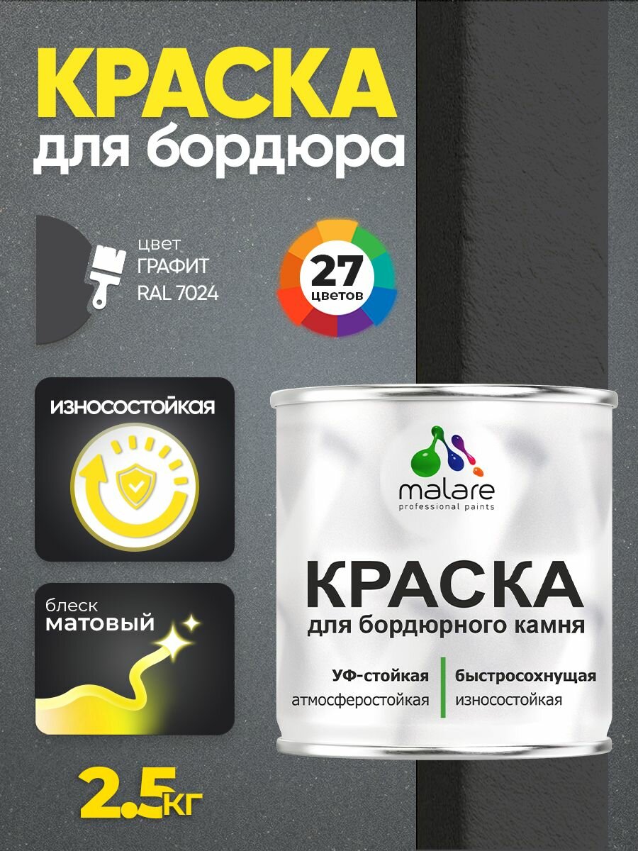 Краска Malare для бордюрного камня, тротуарных камней и плит, износостойкая, быстросохнущая, матовая RAL 7024, графитово-серый(темный), 2,5 кг