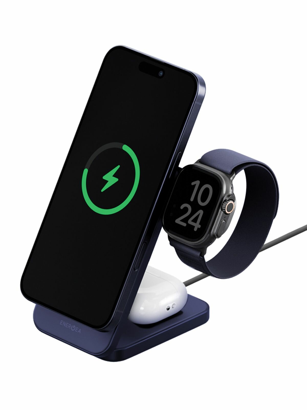 Беспроводная складная зарядная док-станция EnergEA, MagTrio 2, 3 в 1, 25W для быстрой Magsafe зарядки iPhone, Apple Watch, AirPods, в комплекте кабель USB-C, синяя