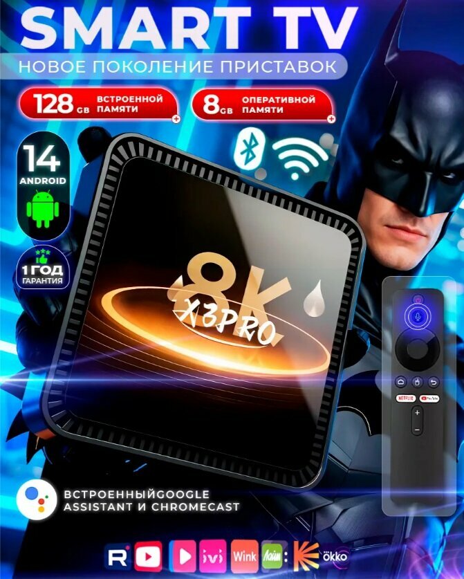 Cмарт приставка для телевизора Android 14, 8/128 Гб / Андроид приставка / ТВ бокс / Медиаплеер/ все бесплатно
