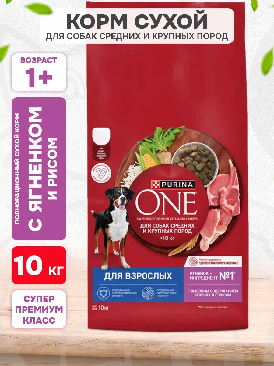 Корм сухой Purina One для взрослых собак средних и крупных пород, ягненок и рис, 10 кг