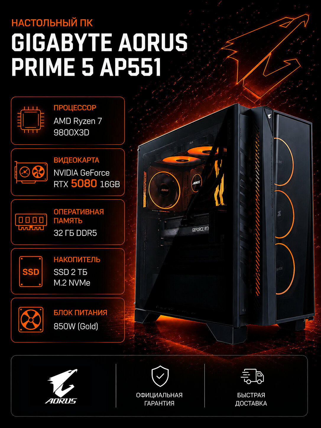 Настольный ПК Gigabyte AORUS PRIME 5 AP551 AMD Ryzen 7 9800X3D/32Gb/SSD2Tb/RTX5080 16Gb/PSU 850W (Gold)/NoOS/Black (AP5A7N8-5106)