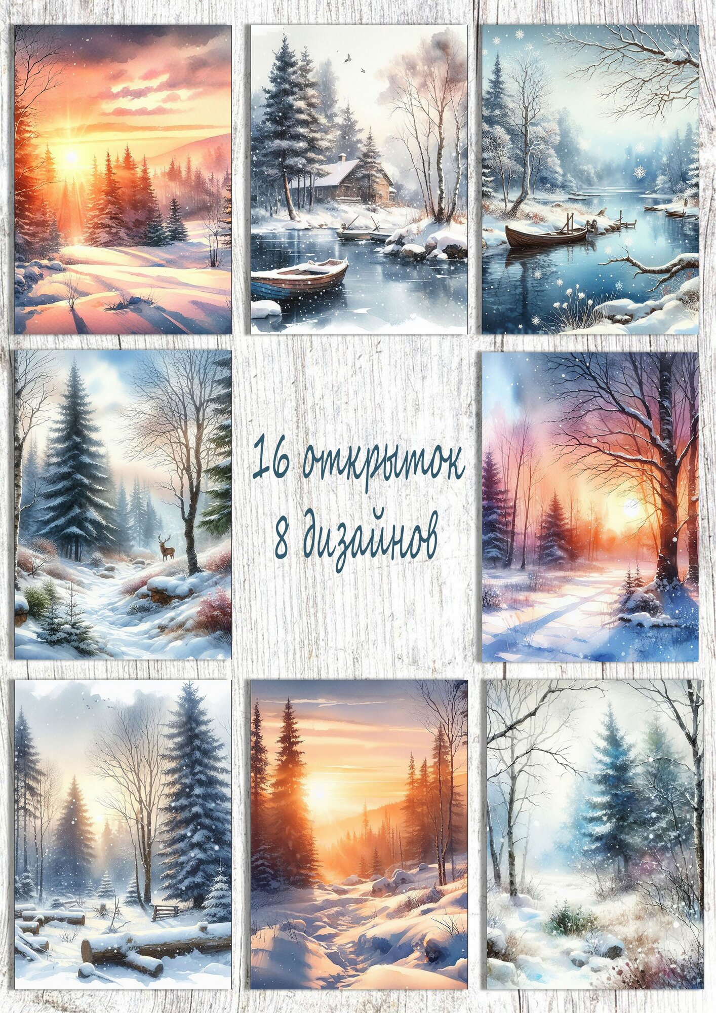 Открытки Зимний пейзаж, 16 штук