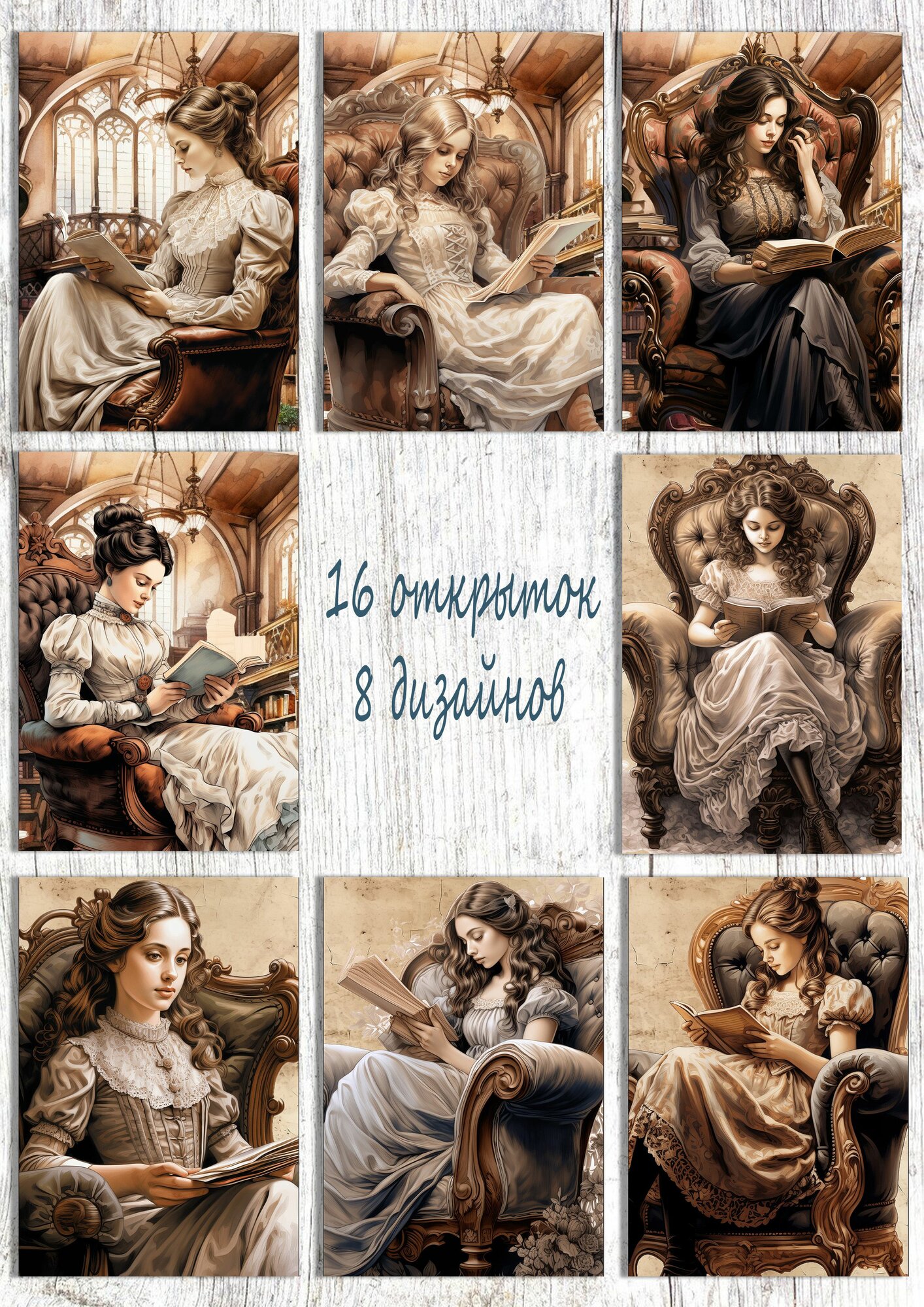 Открытки Винтаж, Девушки с книгой, 16 штук