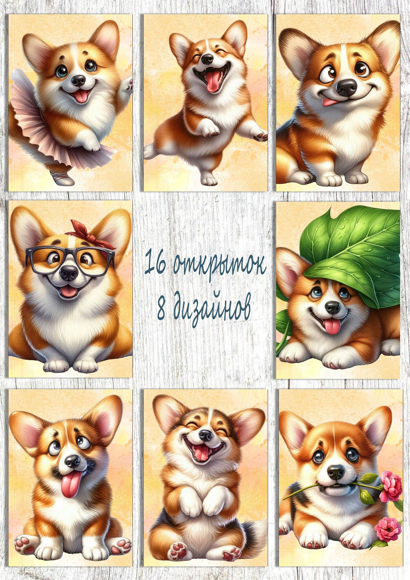 Открытки веселые корги, 16 штук