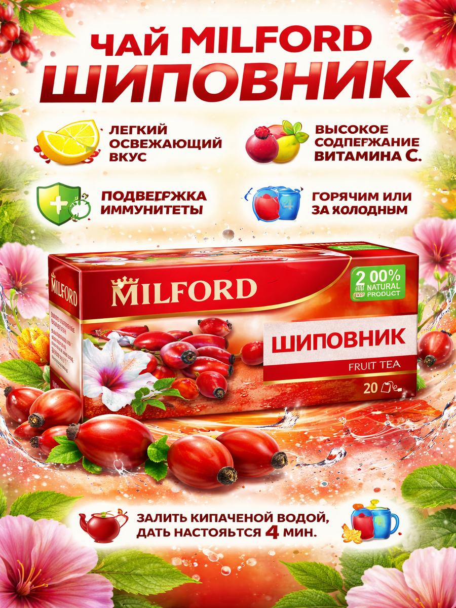 Чай Milford шиповник (2г х 20 пак), 40г