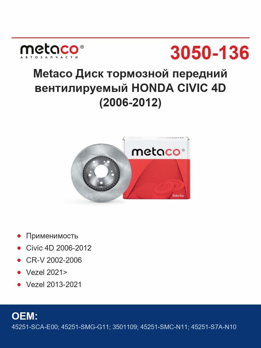 Metaco Диски тормозные передний вентилируемый HONDA CIVIC 4D (2006-2012)