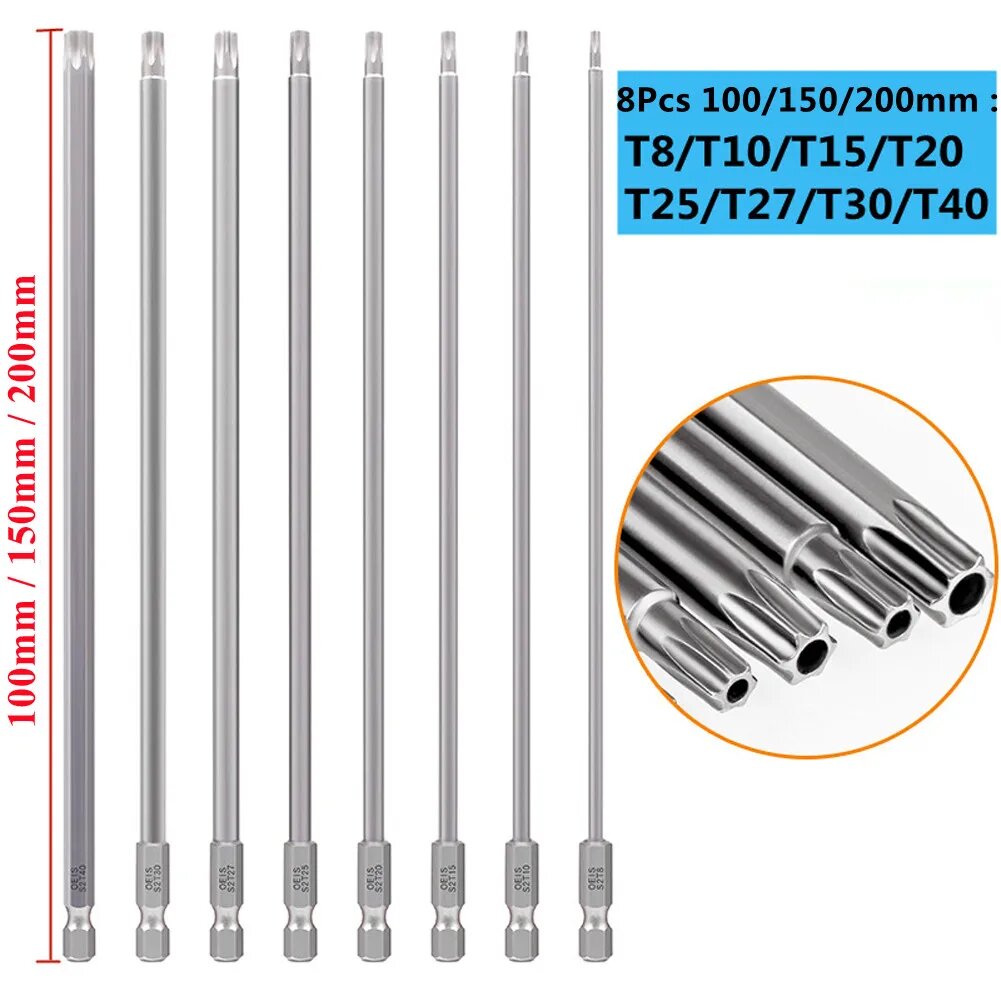 8 шт. отвертка Torx с хвостовиком 1/4 дюйма, шестигранная головка ветрового сверла 150 мм 200 мм, винтовой ключ с магнитной звездой T8 T10 T15 T20 T25 T27 T30 T40
