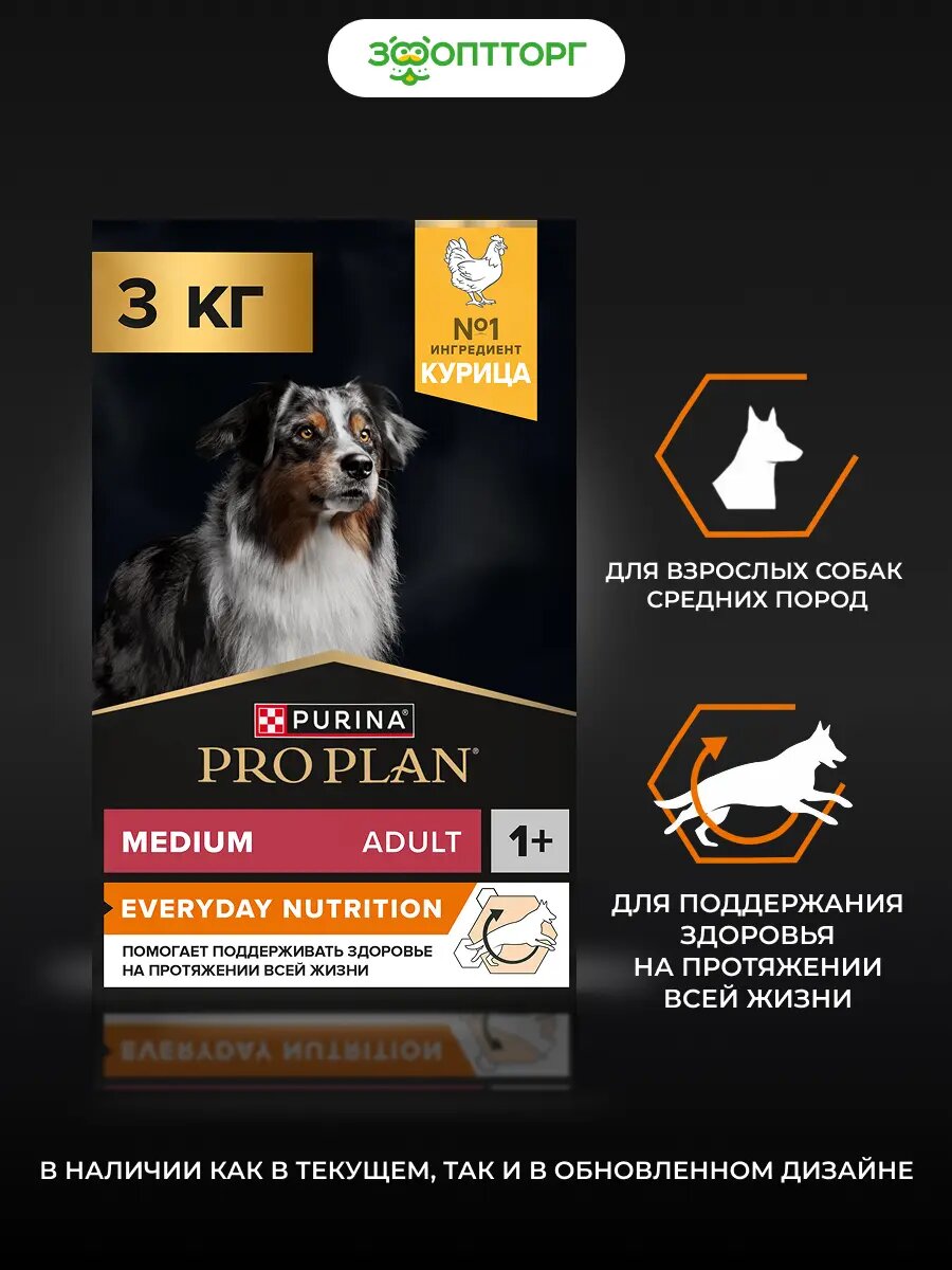 Сухой корм PRO PLAN EVERYDAY NUTRITION для взрослых собак средних пород Курица, 3 кг.