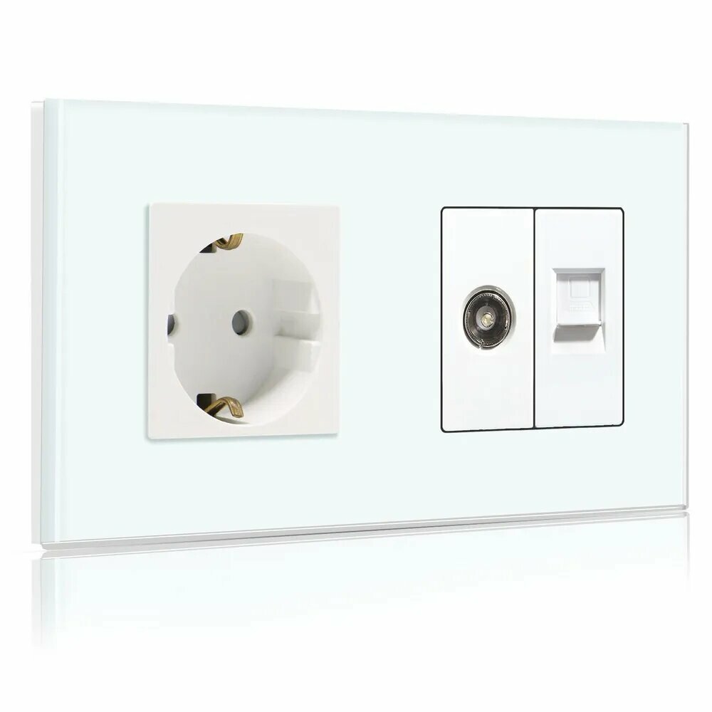 Розетка с CAT5 /ТВ, интернет+ТВ розетка, рамка стекло Белая,157mm