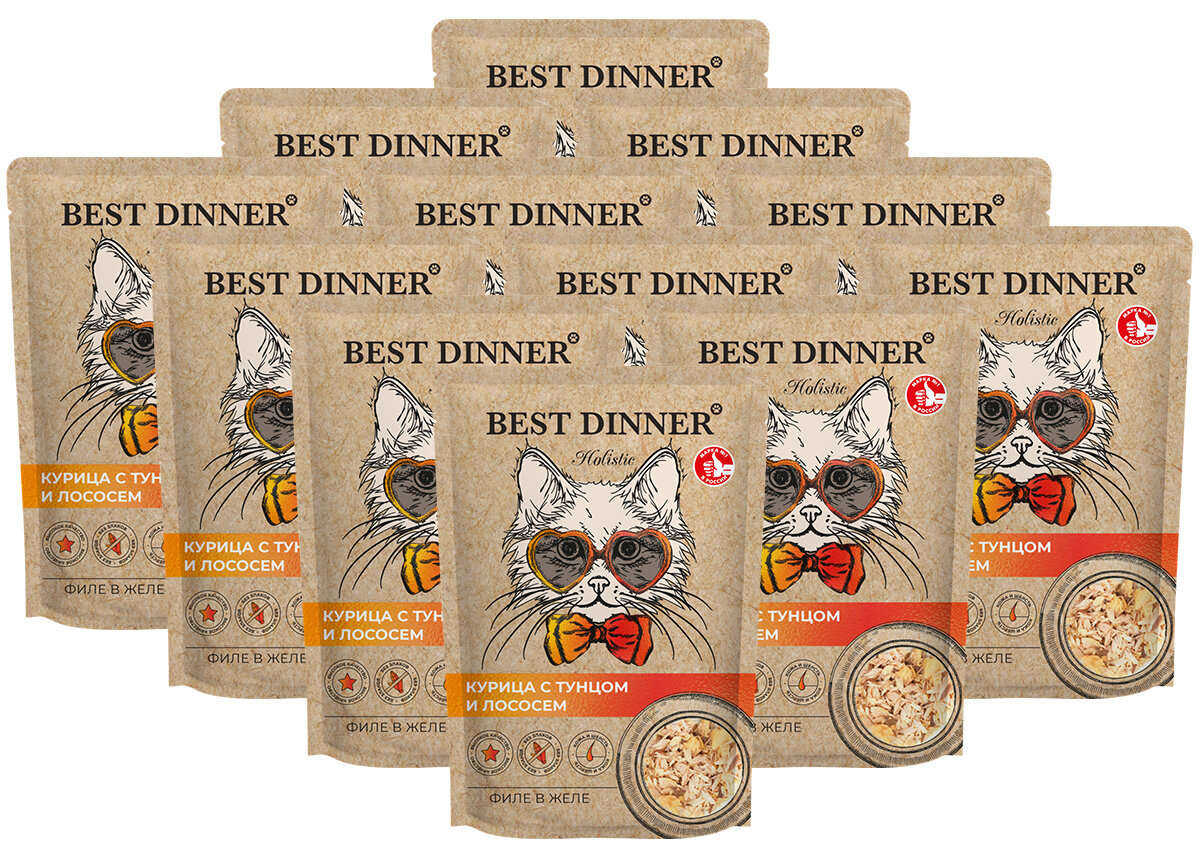 Корм влажный Best Dinner Holistic для взрослых кошек, филе курицы, тунец и лосось в желе, 70 г х 12 шт