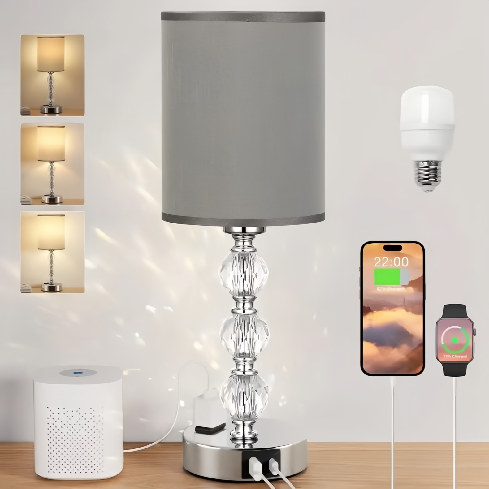 Хрустальная тканевая настольная лампа, 13,5*37 см, с USB-подзарядкой，триколорный свет。серый
