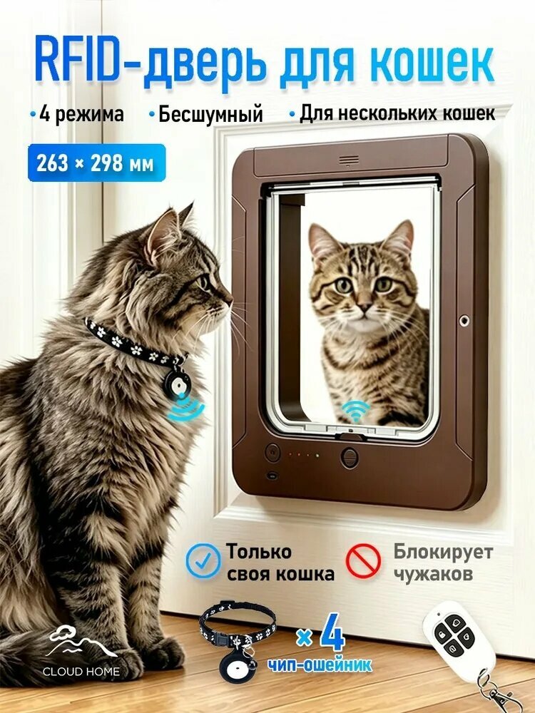Умная дверца для кошки с RFID, пультом ДУ и 4 RFID-ключами на ошейник