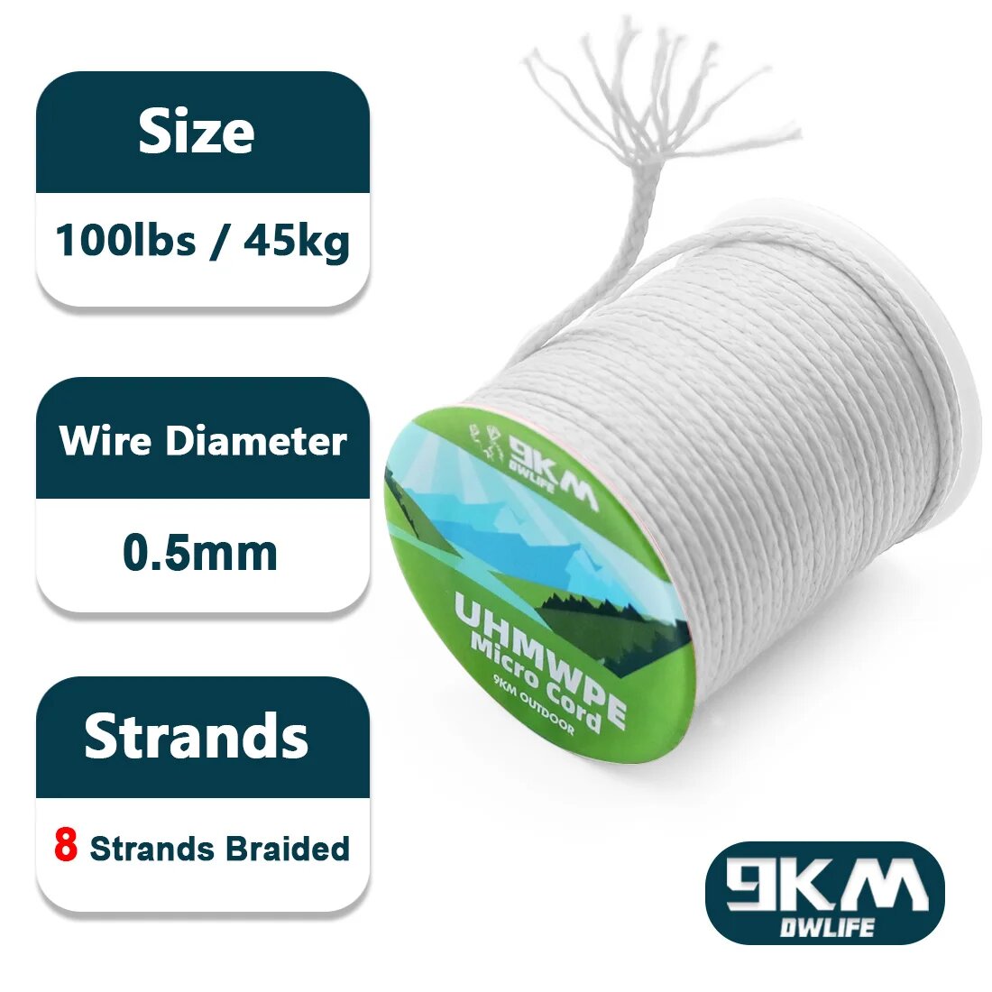 9KM DWLIFE UHMWPE шнур 0,8~1,6 мм Белый, 50ft 15m, White 100lbs 0.5mm