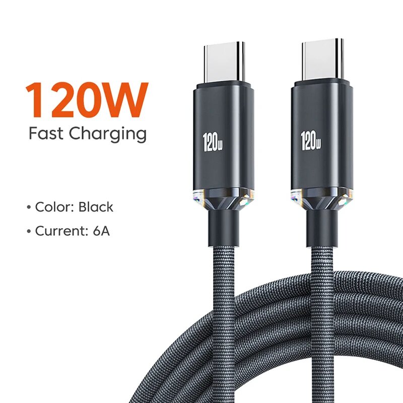 Кабель USB Type-C на USB C, 120 Вт, 6 А, для iPhone 15, 16 Pro Max Plus, Samsung Galaxy 0.25M, Black