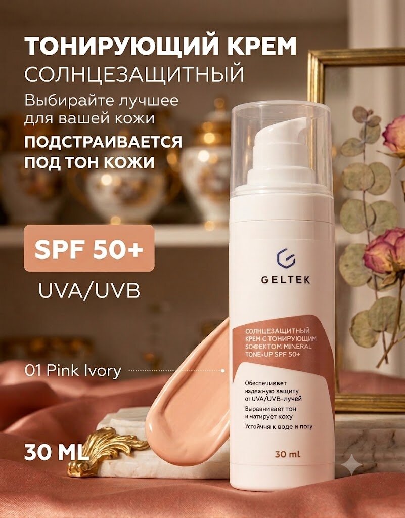 Гельтек Солнцезащитный крем для лица с тонирующим эффектом Mineral Tone-Up SPF 50+ уф-защита от пигментации Pink Ivory, 30 мл