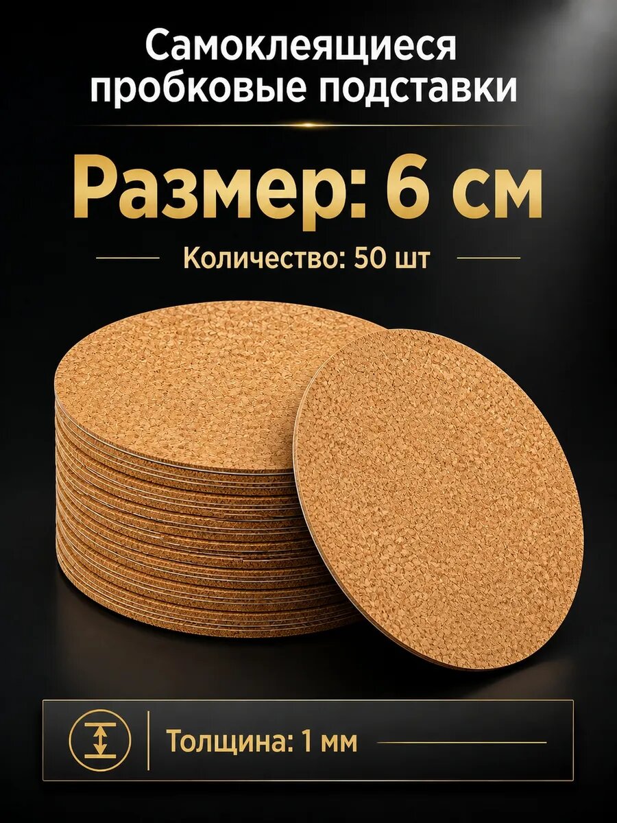 Пробковая подложка для творчества самоклеящаяся 6 см 50 шт