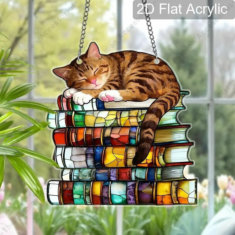 Акриловая подвеска "Спящий кот на стопке книг" 20 см витражный декор для окна и сада