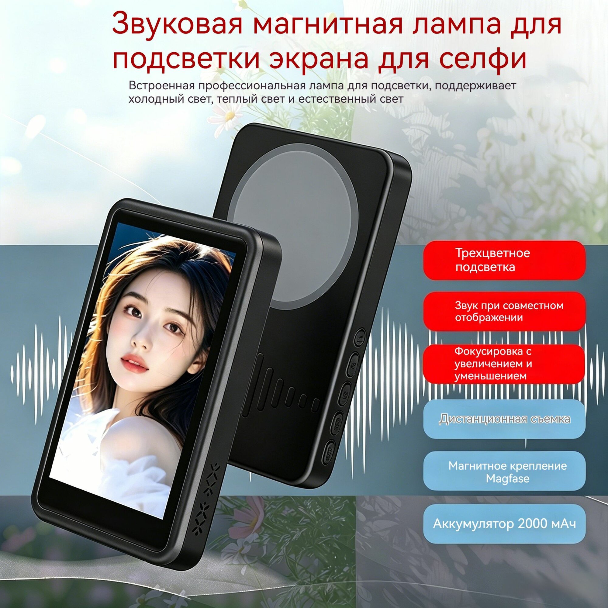 Магнитный селфи-экран с подсветкой и звуком 3,97" Bluetooth пульт