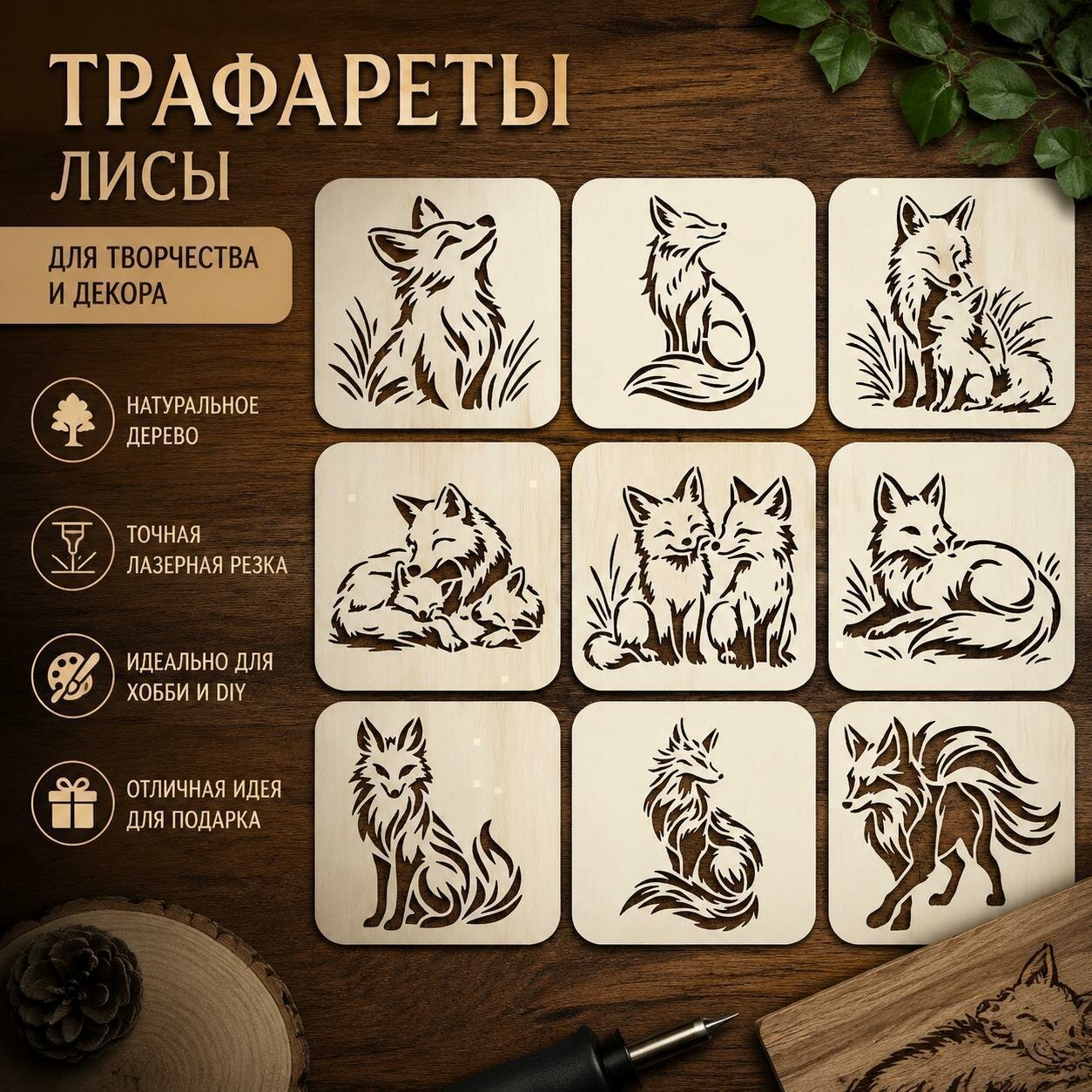Набор трафаретов Лиса 9 шт, деревянные лазерные шаблоны для выжигания по дереву и творчества, DIY декоративные панели с изображением лисы, художественные трафареты животных