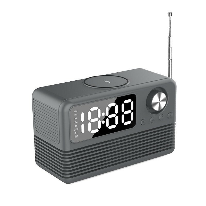 Bluetooth-колонка с беспроводной зарядкой 10 Вт, будильник-радио, настольный для гостиничного комода - темно-серый