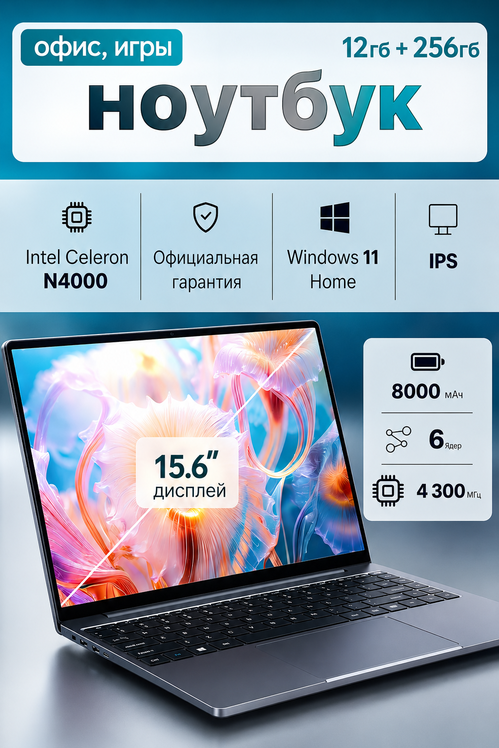 Игровой ноутбук N4000, 15.6" экран, 12GB RAM, SSD256GB, Windows 11, Подсвеченная Клавиатура, Сенсор Отпечатка