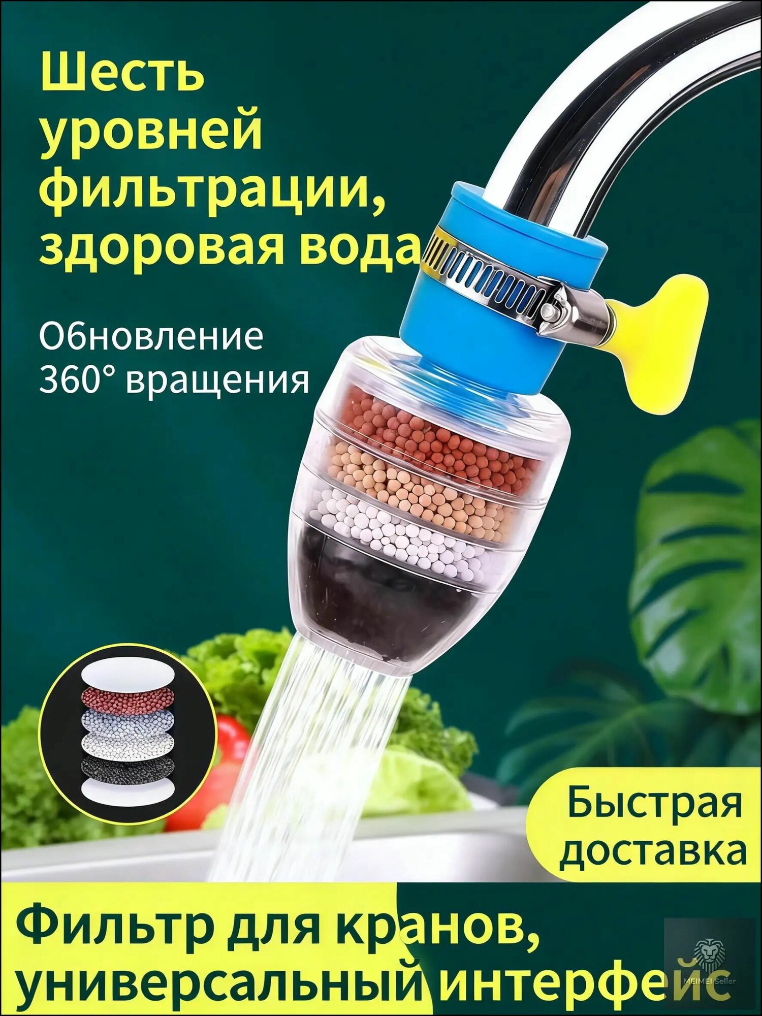 Фильтр для крана 6 ступеней очистки, для кухни и дома, антибрызг, экономия воды, универсальный очиститель воды, 1 шт MEIMEI