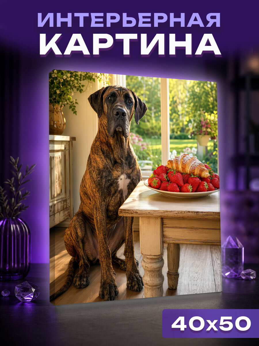 Интерьерная картина Немецкий дог с клубникой и круассаном