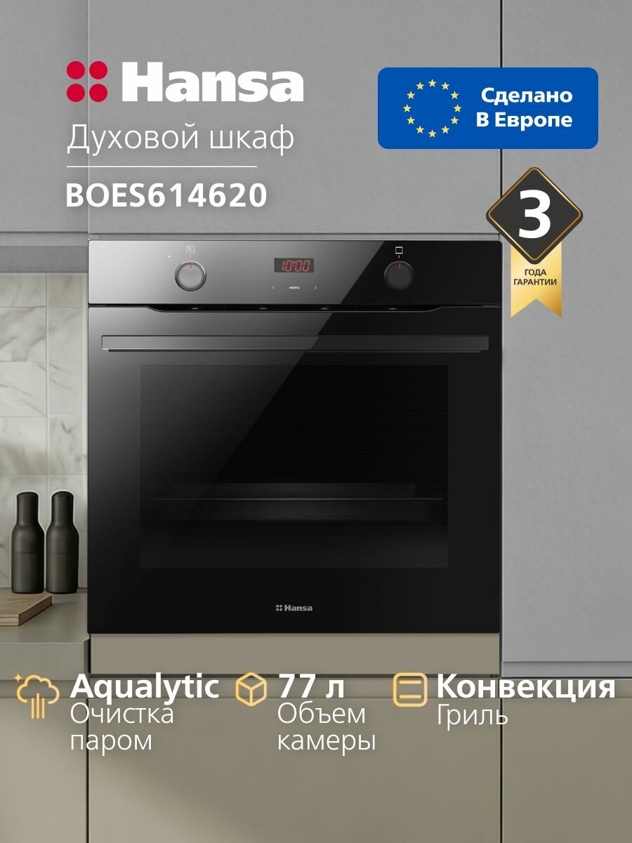 Духовой шкаф электрический встраиваемый Hansa BOES614620, 77 л, 9 режимов, гриль, конвекция, быстрый нагрев, дисплей