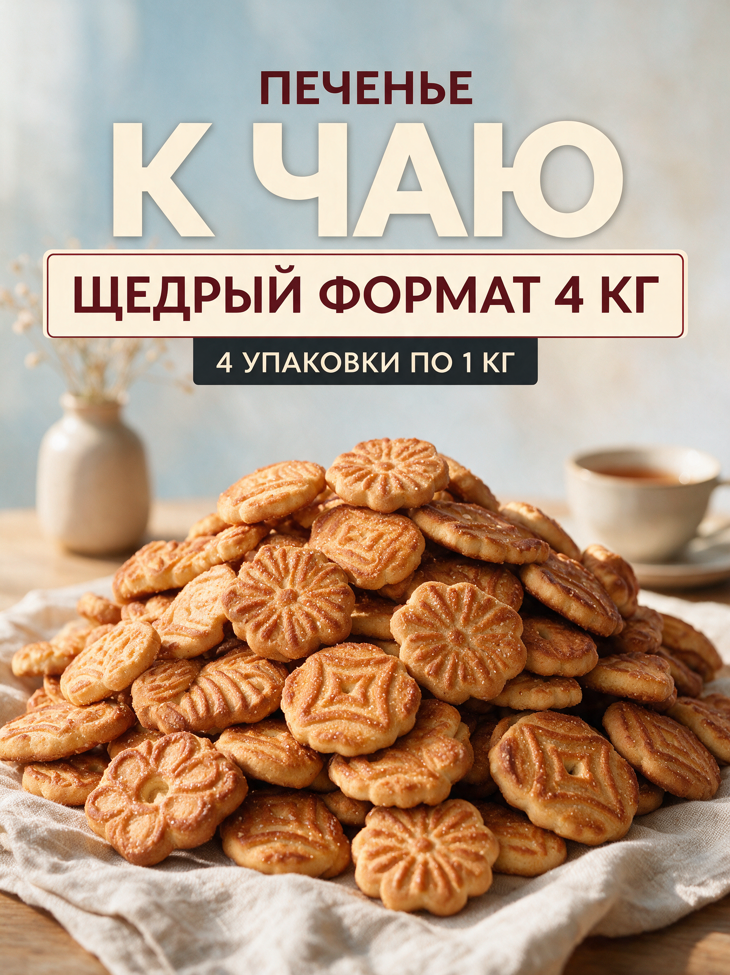 Печенье к чаю Браво 4 кг, 4 упаковки по 1 кг, сладкое печенье для чаепития и домашнего запаса