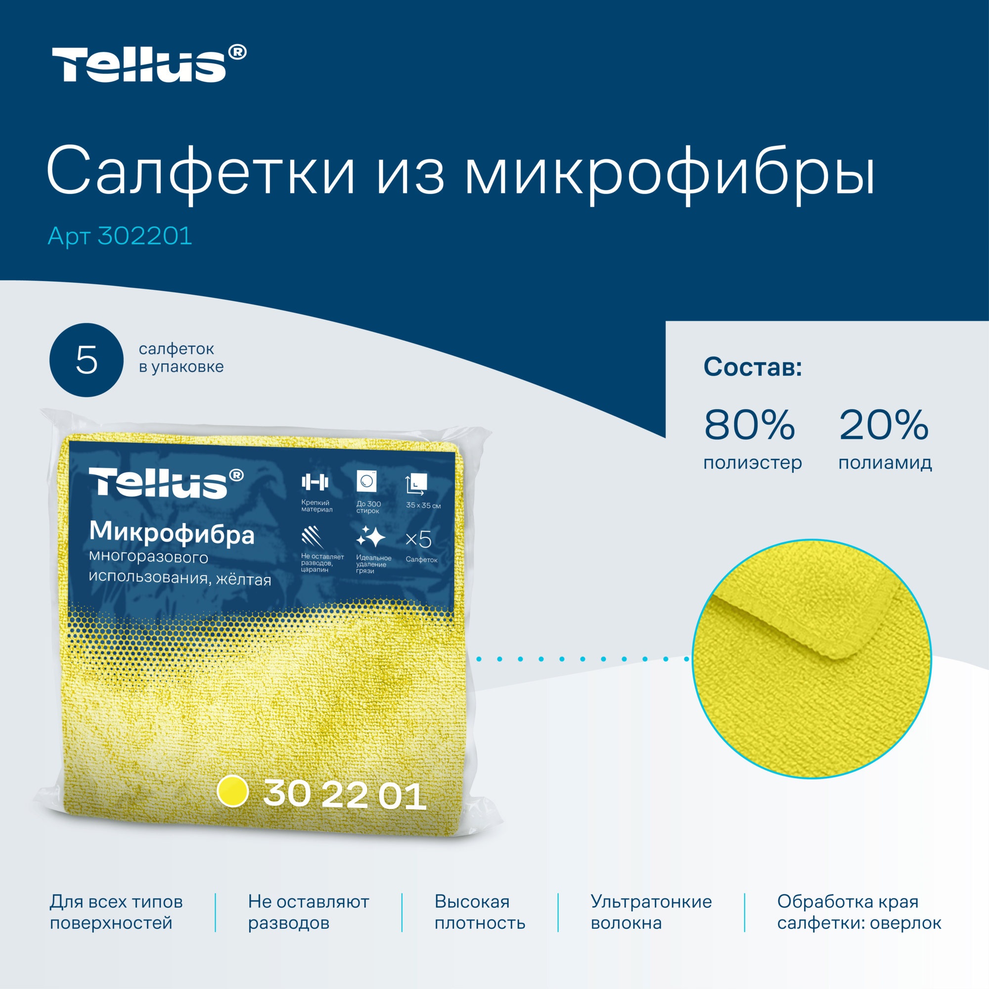 Салфетки из микрофибры Tellus многоразового использования, универсальные, желтые, 5 шт