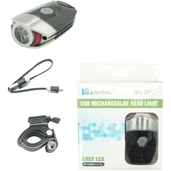 Фара Raypal передняя RPL-2269, 1 светодиод Cree XPG, макс. 300 лм, время работы: 2 ~ 6ч, 4 режима 100% -50% - 25%-мигающий, корпус: ал./пластик, аккумулятор: