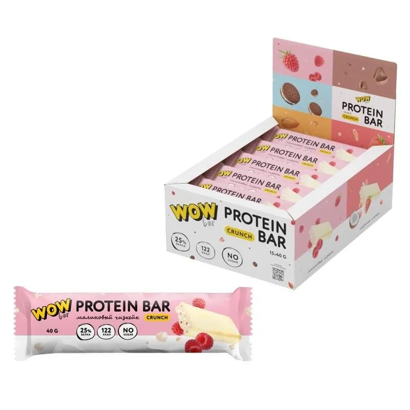 Батончик с содержанием протеина WOWBAR CRUNCH со вкусом "Малиновый чизкейк" 15*40 г