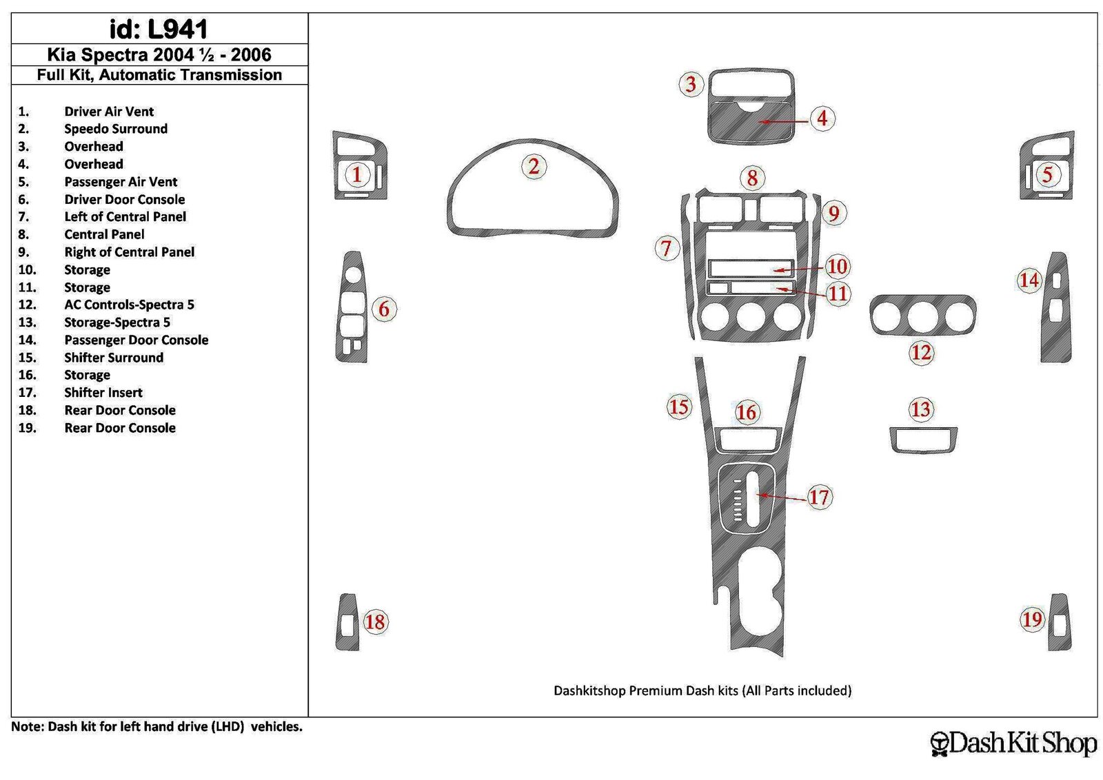 Накладки салона под дерево, карбон, алюминий для Kia Spectra 2004-2006. Комплект L941.