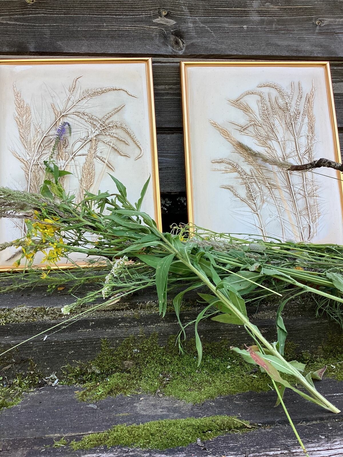 Панно из гипса, ботанический барельеф, Картина "Богатый урожай", ручной работы, комплект из двух работ по 41х31х2 см