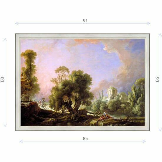 Картина Декор Депо Франсуа Буше Пасторальный пейзаж с девочкой, удящей рыбу Матовая бумага в раме без стекла 66х91 см