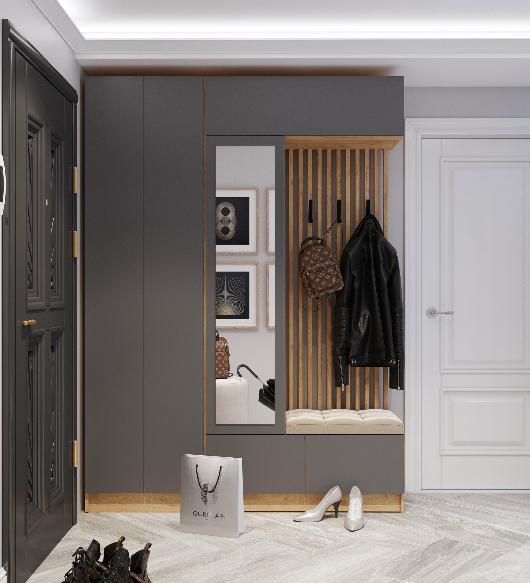 Прихожая с зеркалом Руэлла Центральная секция 220,0х100,0х40,0 см, дуб крафт золотой/графит серый