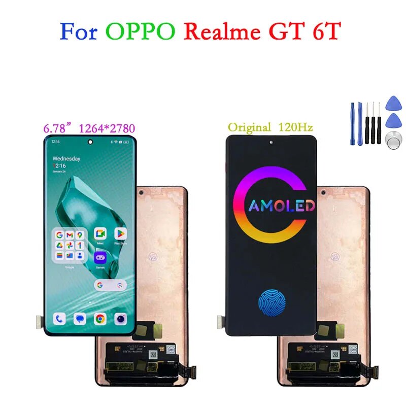 Оригинальный AMOLED для Realme GT 6T RMX3853 ЖК-дисплей с сенсорной панелью и дигитайзером экрана в сборе для замены OPPO Realme GT 6 T Silver with frame