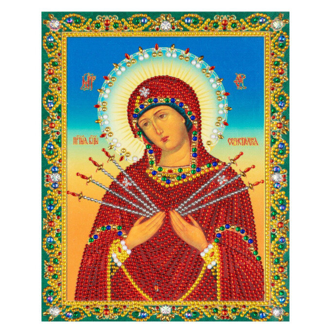 Алмазная мозаика "Семистрельная Икона Божьей Матери", размер полотна 25*30 см, размер выкладки 20*25см, r8178 частичная выкладка, фигурные красивые стразы, без подрамника