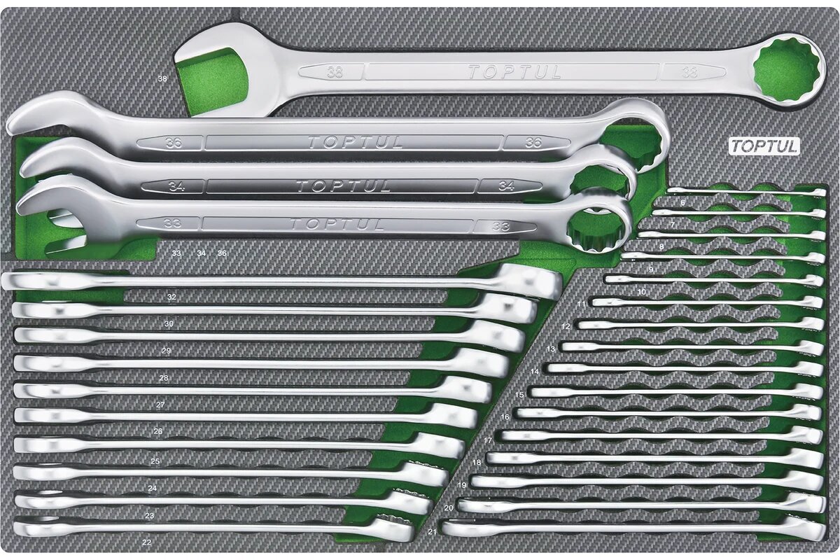 Набор комбинированных ключей 6-38 мм, профессиональный,30 предметов, в мягком ложементе, TOPTUL GED3025