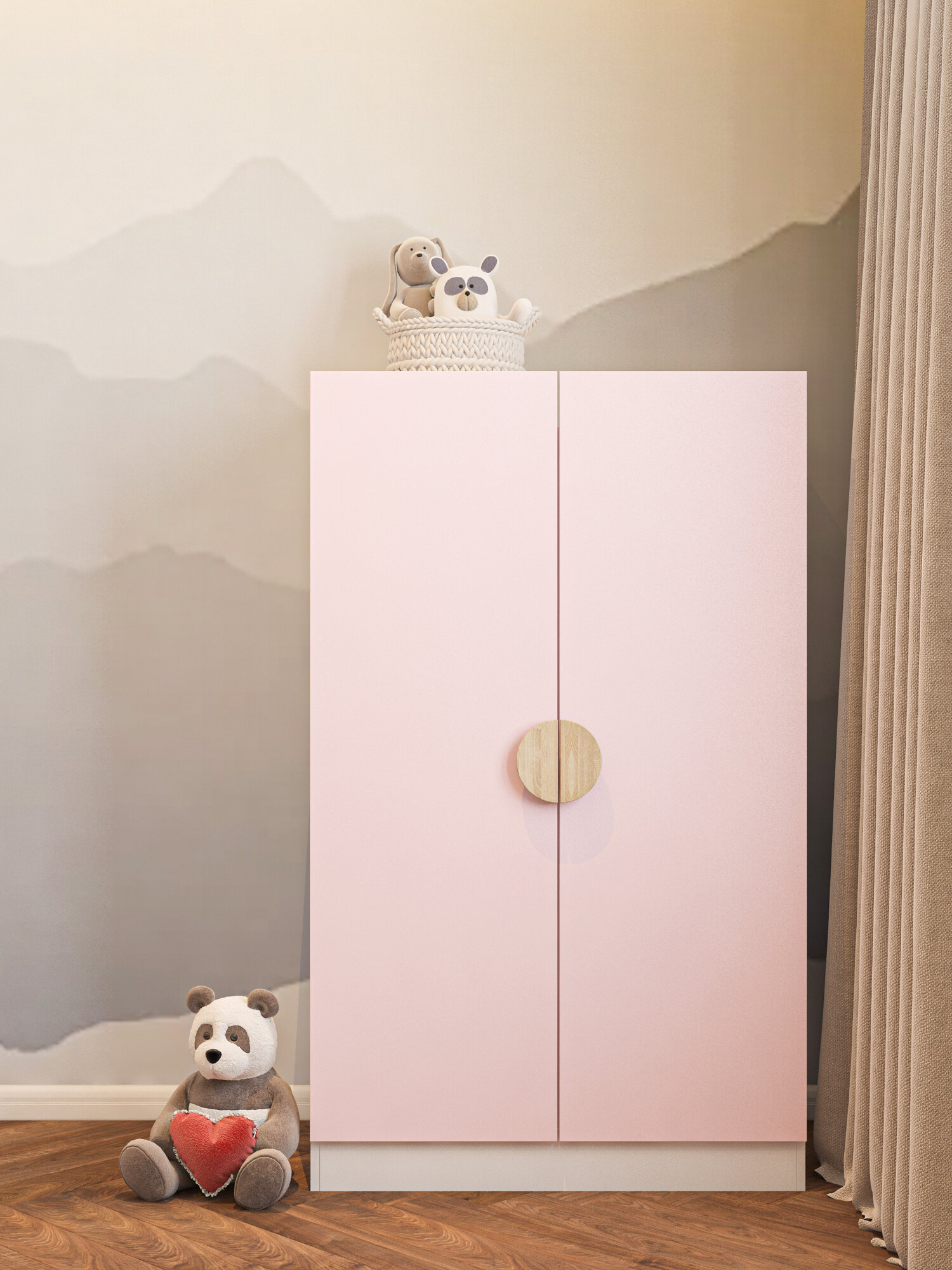 Детский шкаф, шкаф для вещей распашной Монтессори, розовый с деревянными ручками