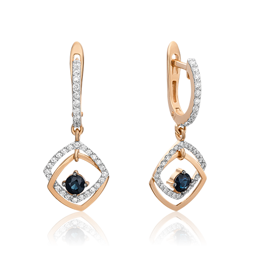 Серьги, красное золото, 585 проба, сапфир, бриллиант
