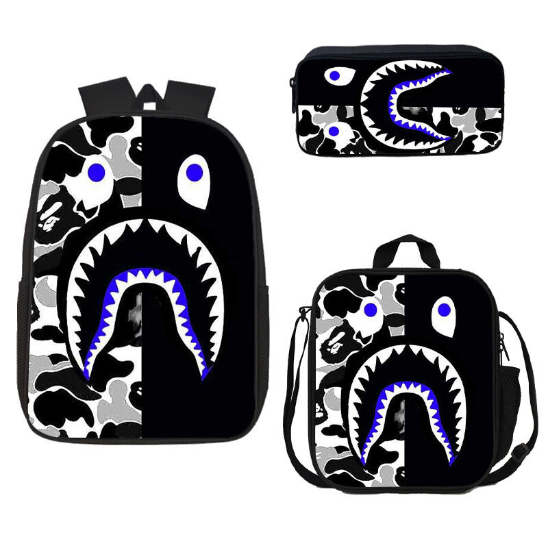 Сумка для начальной школы, камуфляжная детская сумка с принтом акулы, большая вместительная детская сумка, рюкзак, сумка через плечо, пенал, набор из трех предметов